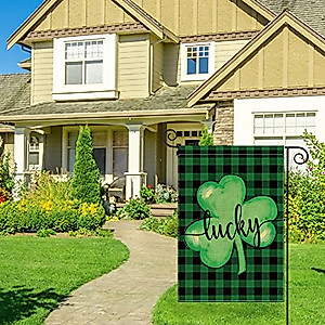 AnyDesign St. Patrick's Day Garden Flag Double-Sided Lucky Shamrock Yard Flag Rustic Green Black Buffalo Plaid Farmhouse Shamrock Outdoor Decoration for Irish Holiday, 12.5 x 18 Inch