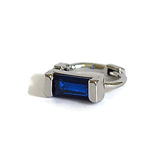 Sterling Silver Blue Sapphire TINY HUGGIE 8mm Layering Earrings Baguette Cubic Zirconia Gemstone Hypoallegic Nickel Free Lead Free Made In U.S.A (Rhodium Sterling Silver A Pair)