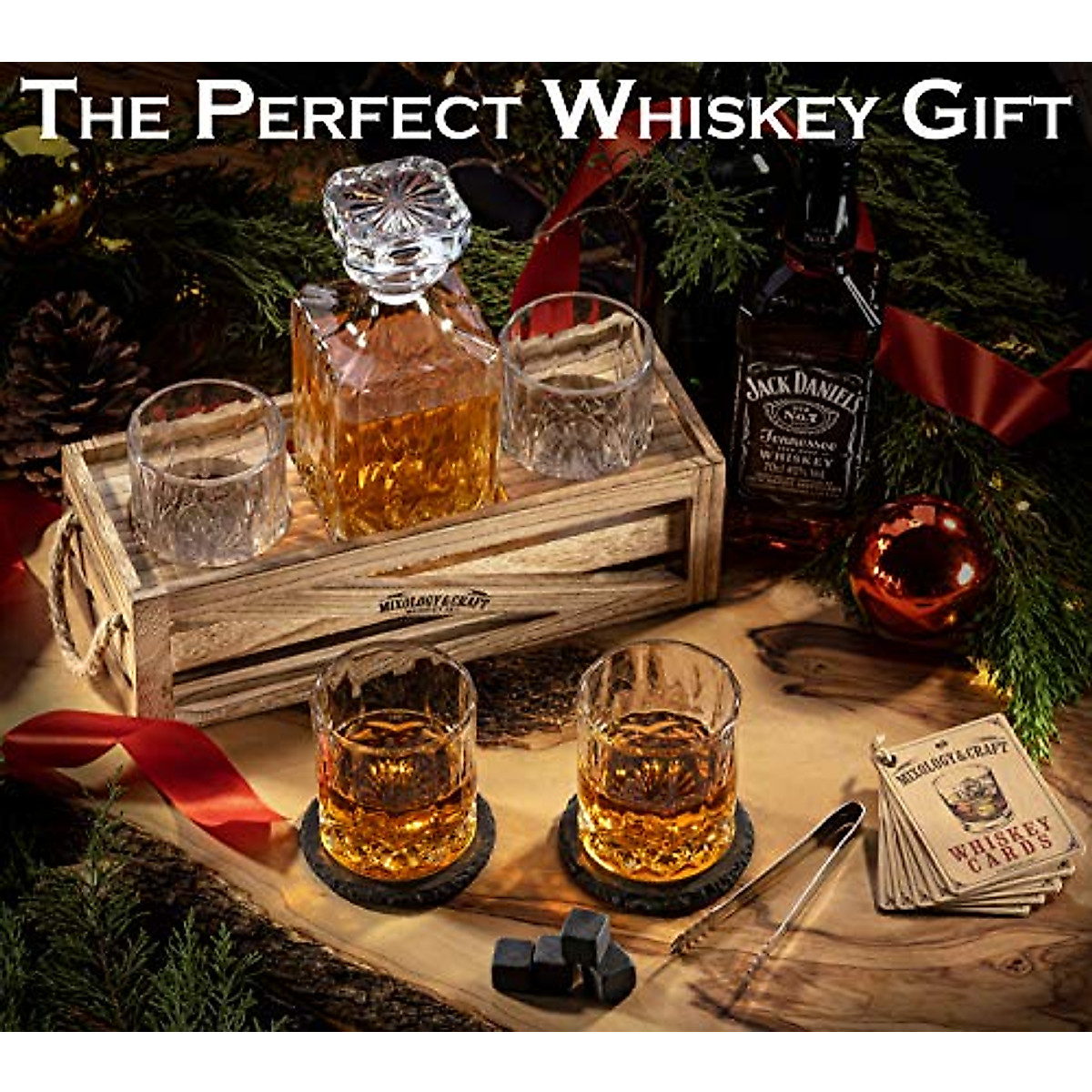 Whiskey Stones Gift Set for Men | Whiskey Decanter with Glasses Set and Wood Stand, 6 Granite Whiskey Chilling Stones and 10oz Whiskey Glasses | Whiskey Decanter Set For Men, Dad, Husband, Boyfriend