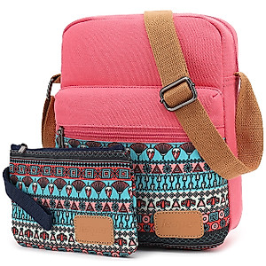 Leaper Girls Crossbody Purses 2 PCS Vintage Messenger Bag Canvas Crossbody Bag and Purse Set for Women Light Red