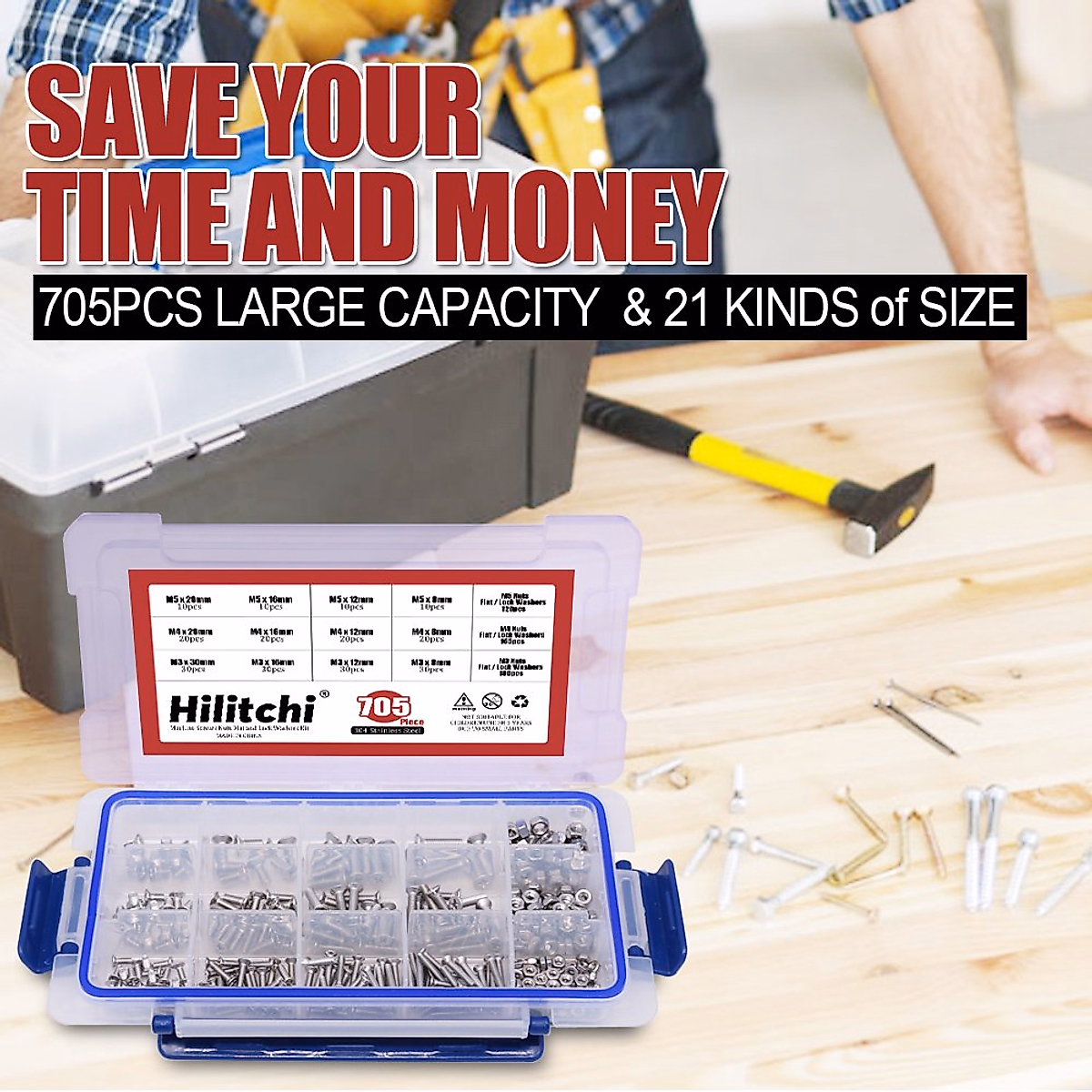 Hilitchi 705-Pcs M3 M4 M5 Phillips Flat Head Machine Screws Bolts Nuts Flat and Lock Washers Assortment Kit, 304 Stainless Steel, 8 to 20mm Length, Full Thread