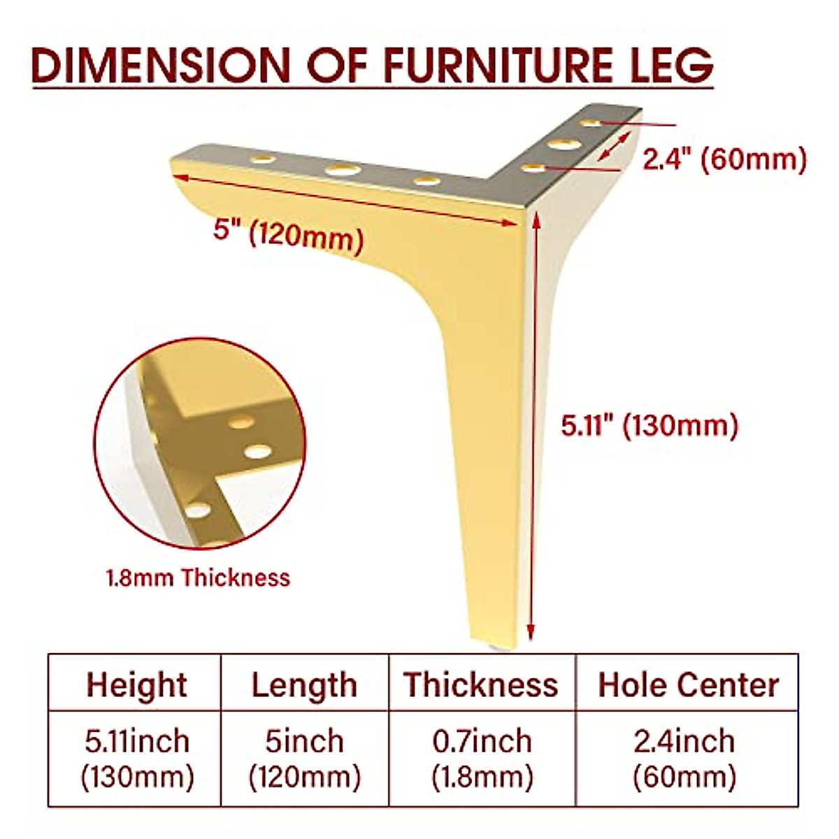 5 Inch Furniture Legs Set of 4 Right Angle Furniture Legs Metal Table Legs Metal Modern Style Sofa Legs Chair Legs Heavy Duty Sofa Replacement Feet for Couch, Nightstand, Ottoman, Cupboard (Gold)