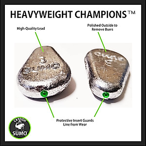 Catfish Sumo Flat No-Roll Lead Sinker Weights with Line-Protecting Inserts to Guard Against Damage in River (10-Pack, 3oz)