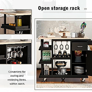 JVIBI Multipurpose Kitchen Cart Cabinet with Side Storage Shelves,Rubber Wood Top, Adjustable Storage Shelves, 5 Wheels, Kitchen Storage Island with Wine Rack for Dining Room, Home,Bar,Black