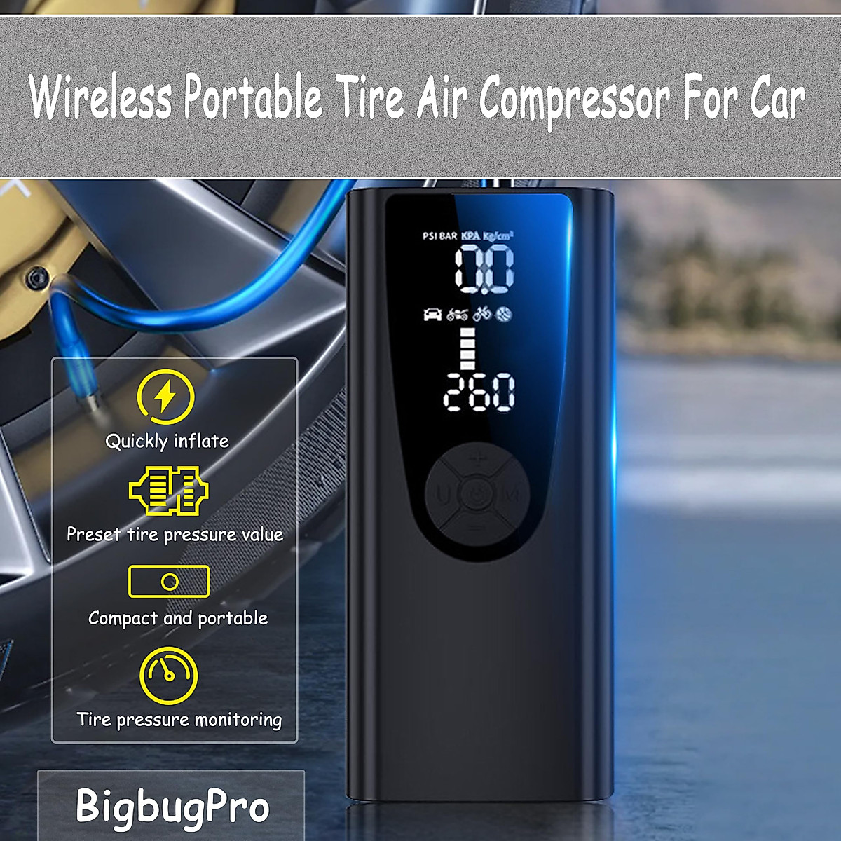 BigbugPro Wireless Portable Tire Air Compressor For Car - Upgrade Multiple Modes 22000mAh Tire Inflator 150 PSI High-Speed Inflation Pump Digital Air Compressor Tire Inflator Emergency Light-Black