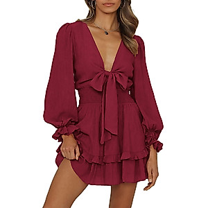 PRETTYGARDEN Women's Short A-Line Flare Dress Knot Front Long Sleeve V Neck Tiered Ruffle Swing Mini Skater Dresses (Wine Red,Small)