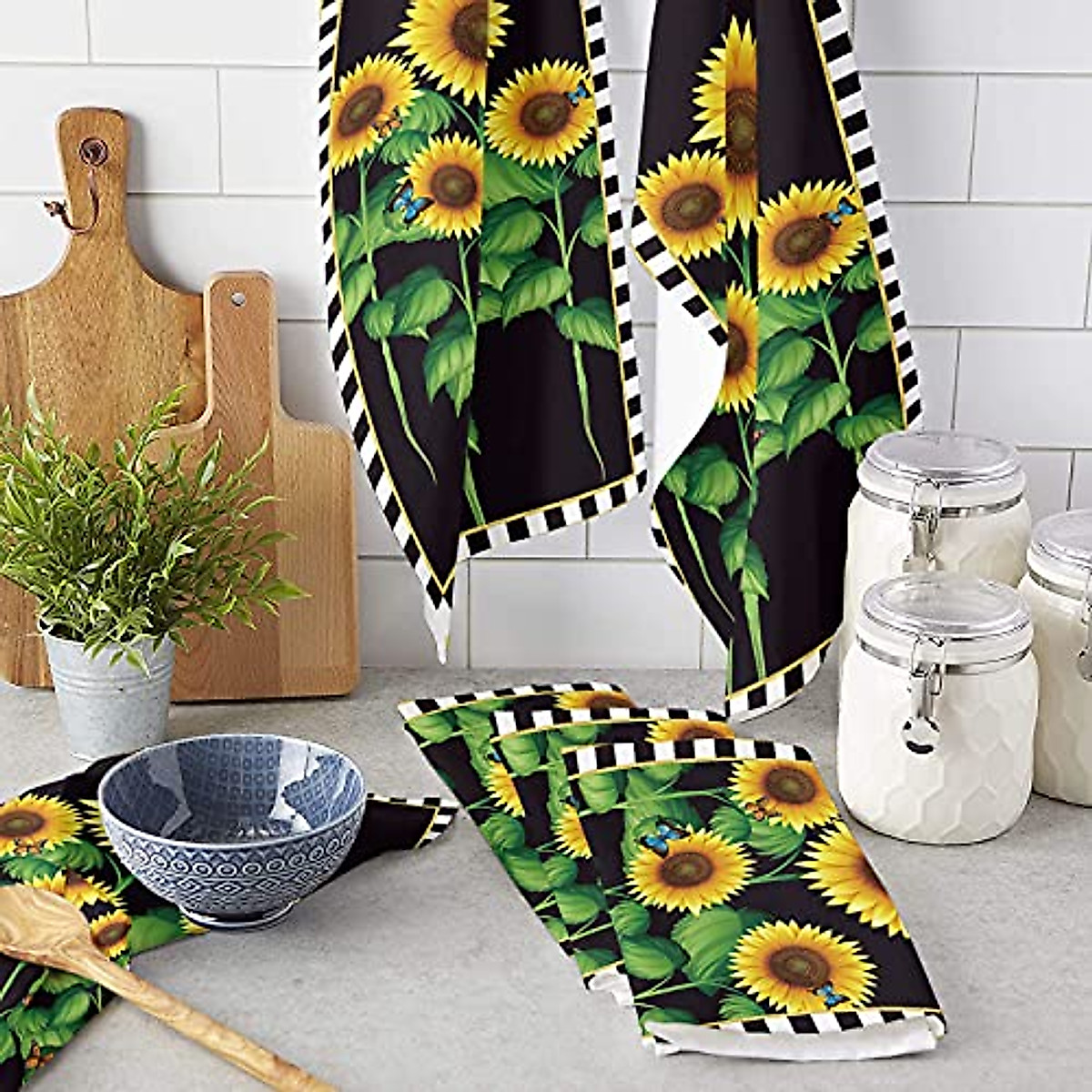 Big buy store Kitchen Towels Sunflower Butterfly Dish Towels and Dishcloths Sets Decorative Tea Towel Buffalo Check Absorbent Hand Towels for Kitchen Drying Bathroom Decor Gift 18x28 Inch
