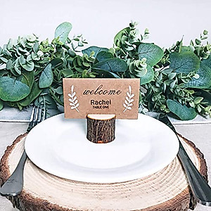 30 Pcs Rustic Wood Place Card Holders Circular Table Numbers Holder Stand Wooden Bark Memo Holder Card Photo Picture Note Clip Holders and Kraft Place Cards Bulk Wedding Party Table Number Sign