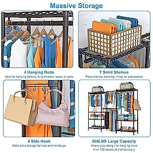 VyGrow Clothes Rack for Hanging Clothes, Adjustable Heavy Duty Clothing Rack with 4 Hang Rods & 7 Shelves, Load 800LBS, 70.47" L x 13.58" W x 76.77" H, Black