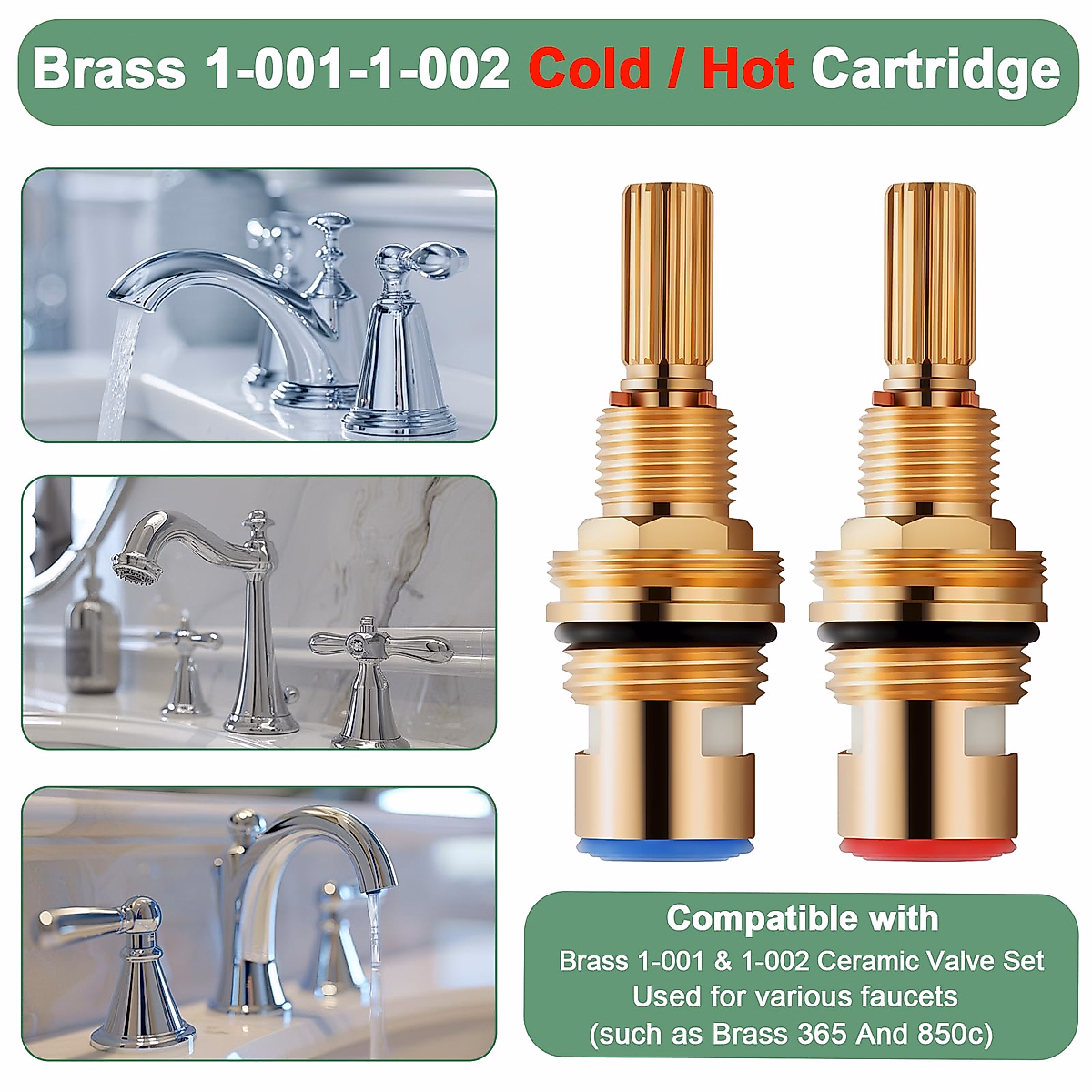 Brass 1-001 & Brass 1-002 Faucet Cartridge Set, Brass Hot & Cold Faucet Cartridge Replacement for Bathroom Basin Faucet, include Brass 1-001 and 1-002 Cartridge