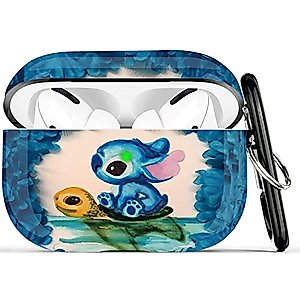 Tortoise Airpods Pro Case - Protective Hard Case Cover Skin Portable & Shockproof Women Girls with Keychain for Apple Airpods Pro Charging Case (Stitch/Turtle)