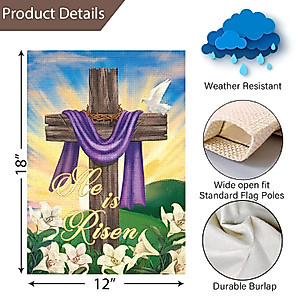 Louise Maelys Easter Garden Flag 12x18 Double Sided Burlap, Small Vertical He is Risen Easter Cross Garden Yard Flags for Easter Spring Christmas Outdoor Outside Decoration (ONLY FLAG)