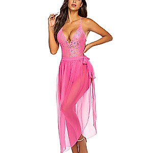 Avidlove Women One Piece Lingerie Deep V Teddy Lace Bodysuit Long Skirt Pink X-Large