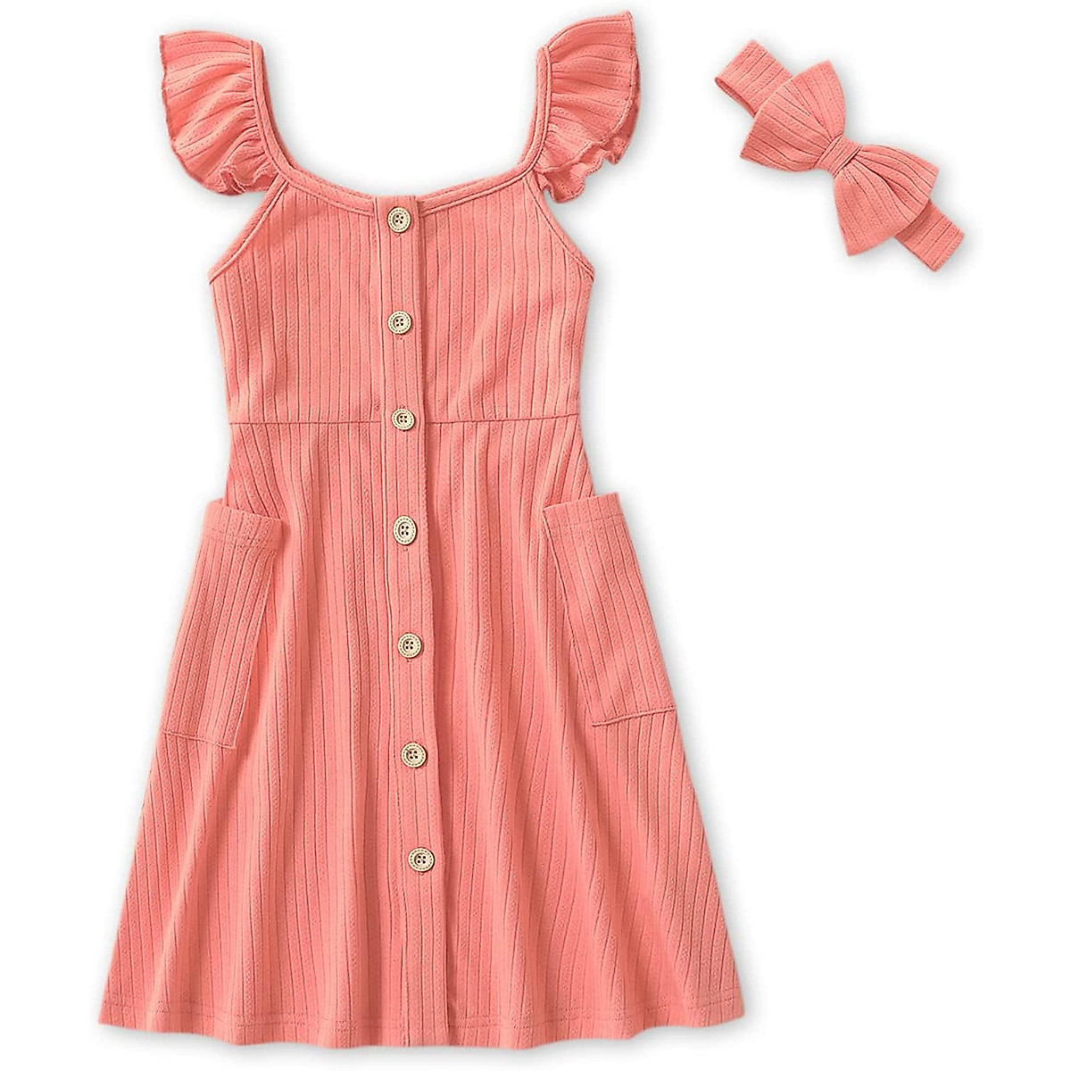 IFFEI Mommy and Me Dresses Matching Set Solid Front Button Family Matching Sleeveless Dresses with Headband and Pockets 3-6M Cora