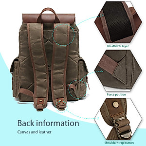 MUMAIS Military Style Waxed Canvas Backpack Laptop Genuine Leather(Oil Wax Waterproof) School Bag Vintage Computer Backpack For Men&Women,Professional Outdoor Hiking Travel Shoulder(Army Green)