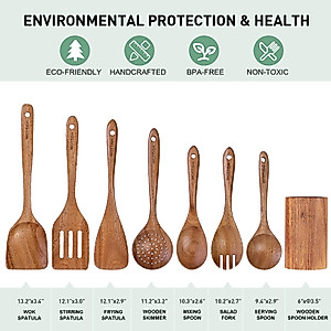 Wooden Spoons for Cooking - 8-Piece Wooden Kitchen Utensil Set made of Natural Solid Wood Material - Includes Spoons, Spatulas, Ladles, Strainer Spoon, Salad Fork, Mixing Spoon and Utensil Holder