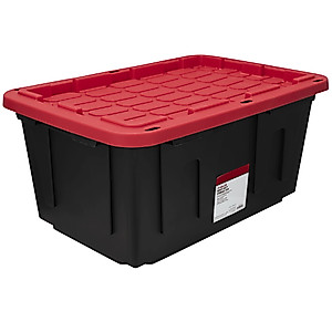 MioeDi 27 Gallon Stackable Snap Lid Plastic Storage Bin Container, Black with Red Lid, Set of 4, Black/Red