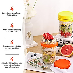 EDICHI 20 OZ Overnight Oats Containers with Lids and Spoon - Set of 4 Yogurt Parfait Cups with Lids, Glass Overnight Oats Jars, Reusable Oatmeal Containers with Measurement Markings for On-The-Go