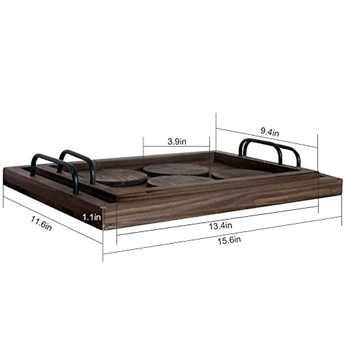 Juleduo Rustic Wooden Serving Trays with Handle-Set of 2-Decorative Nesting Food Board Platters 4 Coasters，for Breakfast Kitchen Ottoman Coffee Table