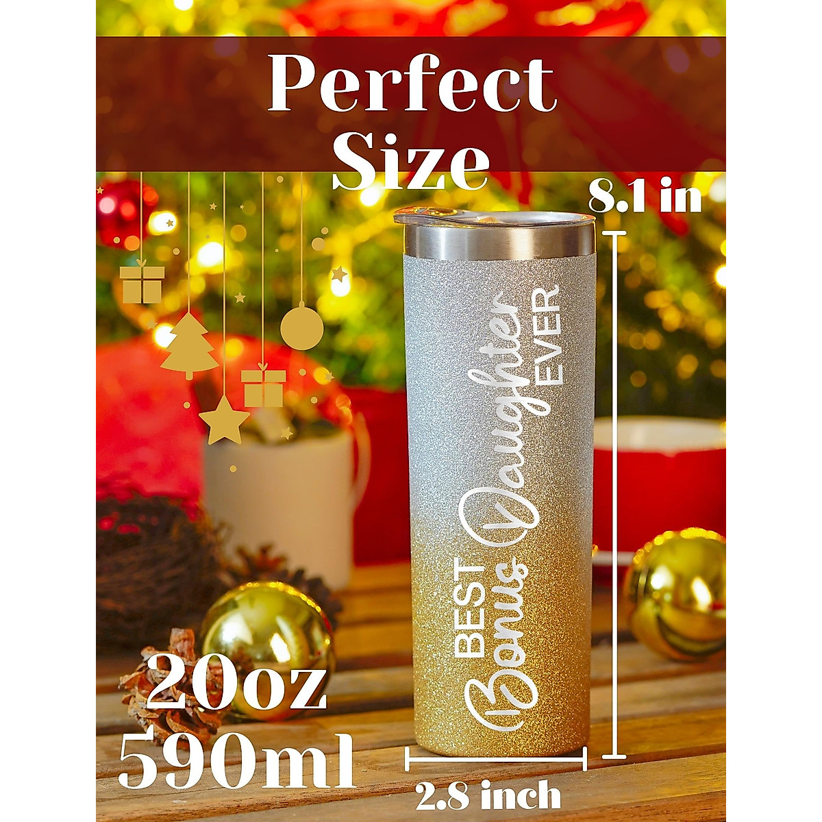 Onebttl Bonus Daughter Gifts - 20oz Stainless Steel Travel Mug with Lid and Straw - Best Daughter Ever (Silver or Gold) for Birthday, Christmas or Thanksgiving