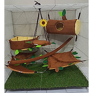 HOT! 7 Pcs/Set Cute Sugar Glider Hamster Marmoset Squirrel Chinchillas Small Pet Hanging Log + Edge Corner Light Brown Cage Set Forest Pattern Get Free 1 Small Pet Treats, PB's REPUBLIX