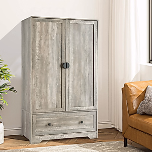 Bonnlo 38" Wide Armoire Wardrobe Closet with Hanging Rod, Adjustable Shelves and Drawer, Freestanding Wardrobe Closet with Doors, Bedroom Armoires and Wardrobes, Rustic Grey, 38" W x 20.5" D x 65" H