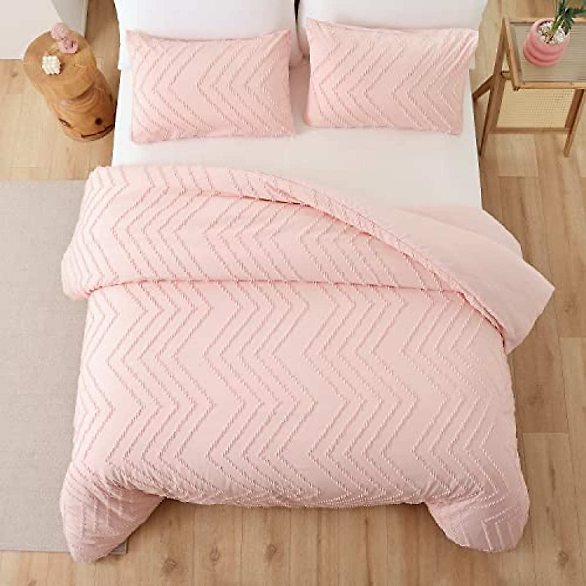 YIRDDEO Pink Comforter Queen Size 3Pcs, Boho Chevron Comforter Set Queen Blush Farmhouse Bedding Sets Queen, Vertical Tufted Comforter, Lightweight Neutral Boho Bed Set (1 Comforter, 2 Pillowcases)