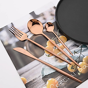 24 PCS Hanging Silverware Sets with Holder, Uniturcky Rose Gold Stainless Steel Eating Utensils Set with Flatware Rack, 6 x Dinner Fork, 6 x Table Knife, 6 x Soup Spoon, 6 x Teaspoon, 1 x Cutlery Rack