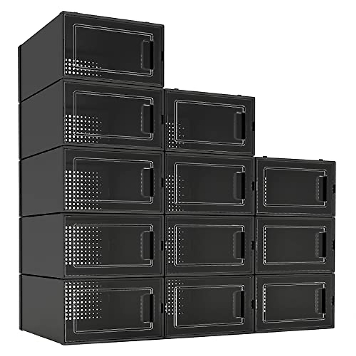 12 Pack Shoe Organizer Boxes, Black Plastic Stackable Shoe Storage Bins For Closet, Space Saving Shoe Holder Sneaker Display Case