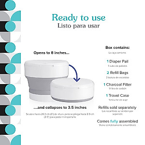 PurePail Go Portable Diaper Pail — White — Superior Odor Control with No Added Fragrance — Collapses for On-The-Go — Compact & Space-Saving