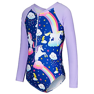 Baby Girls Long Sleeve Rashguard Swimsuit Size 5 Purple Unicorn One Piece Bathing Suit for Summer Swimwear 4-5T