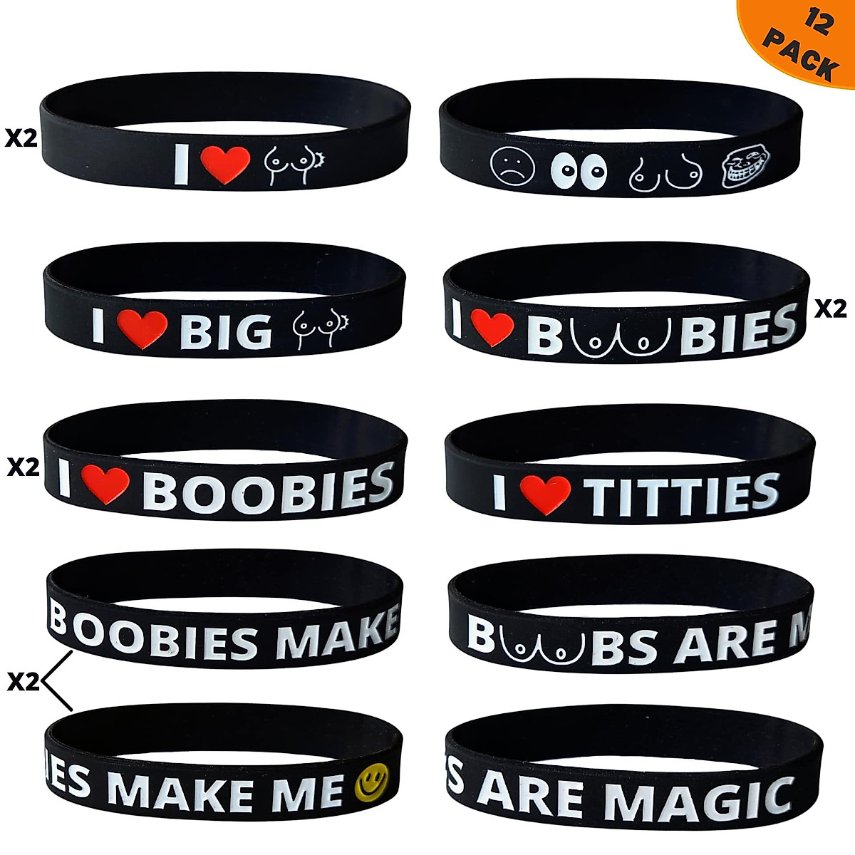 W B Funny I Love Boobies Bracelet Wristband 12-Pack