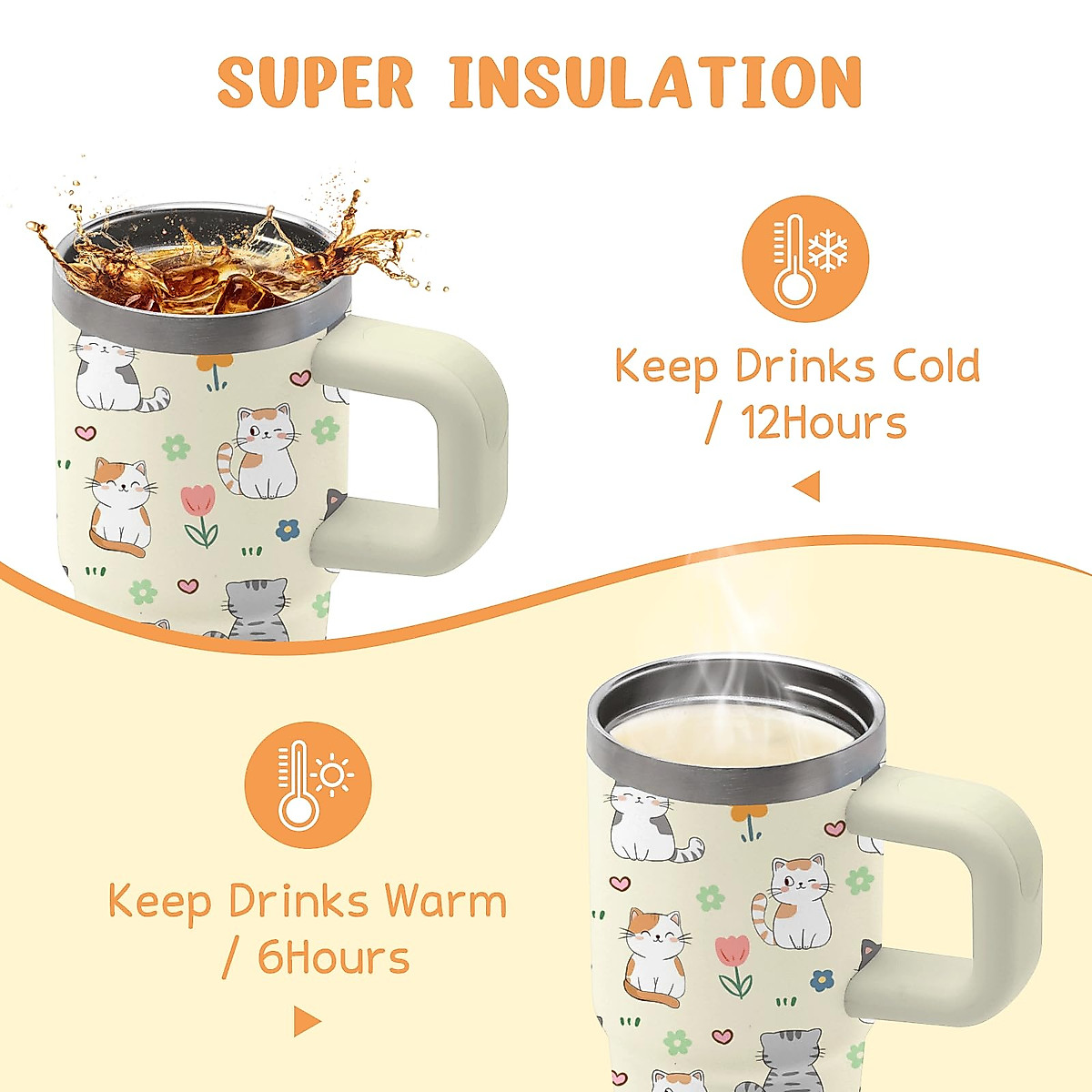 Cute Cat Gifts for Kids, Cat Tumbler with Handle and Straw for Kids 14 oz, Cat Lovers Gifts for Toddlers, Insulated Stainless Steel Cats Mug, Birthday Gifts for Girls Boys Daughter Son