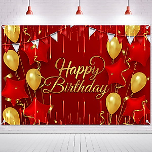 Red and Gold Birthday Backdrop Banner Decorations for Girls Boys Women Men Happy Bday Background Photography Party Decor Sign Supplies