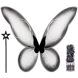 Funcredible Fairy Costume Accessories - Black Fairy Wings and Fairy Star Wand, Glitter - Tooth Fairy Cosplay Outfit for Women and Girls