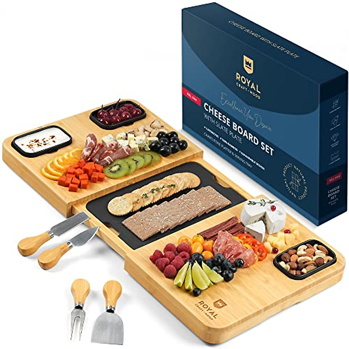 Extra Large Bamboo Charcuterie Boards - Large Charcuterie Board Set w/ 3 Sauce Bowls, 4 Knives & Slate Plate - Unique Cheese Board & Serving Tray with Charcuterie Accessories - Ideal Housewarming Gift