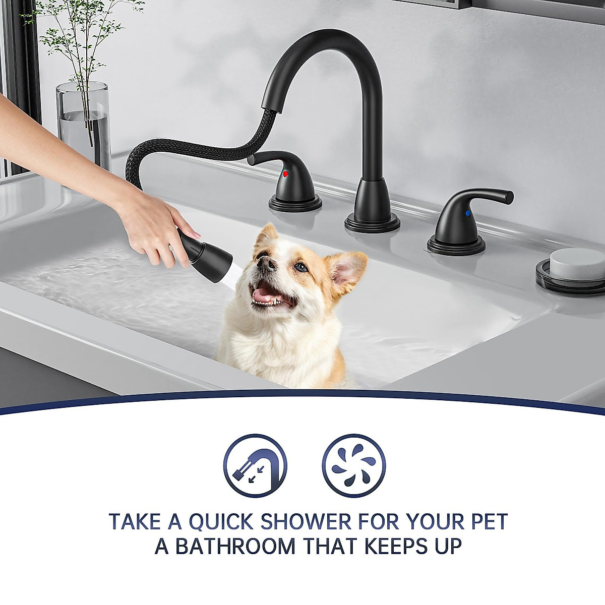 Phiestina Pull Down Sprayer Matte Black 8 Inch 3 Hole Bathroom Sink Faucet, 2 Handles Widespread Pull Out Bathroom Faucet, with Pop Up Drain and Water Supply Line,BF04008-B11-MB