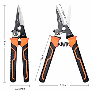 VANJOIN Heavy Duty Scissors, 9 Inch Multipurpose Carpet Cutting Scissors with Finely Serrated, Steel Shears Spring Loaded Snips for industry home for Copper Wire, Cardboard, Fabric, Tree Branches