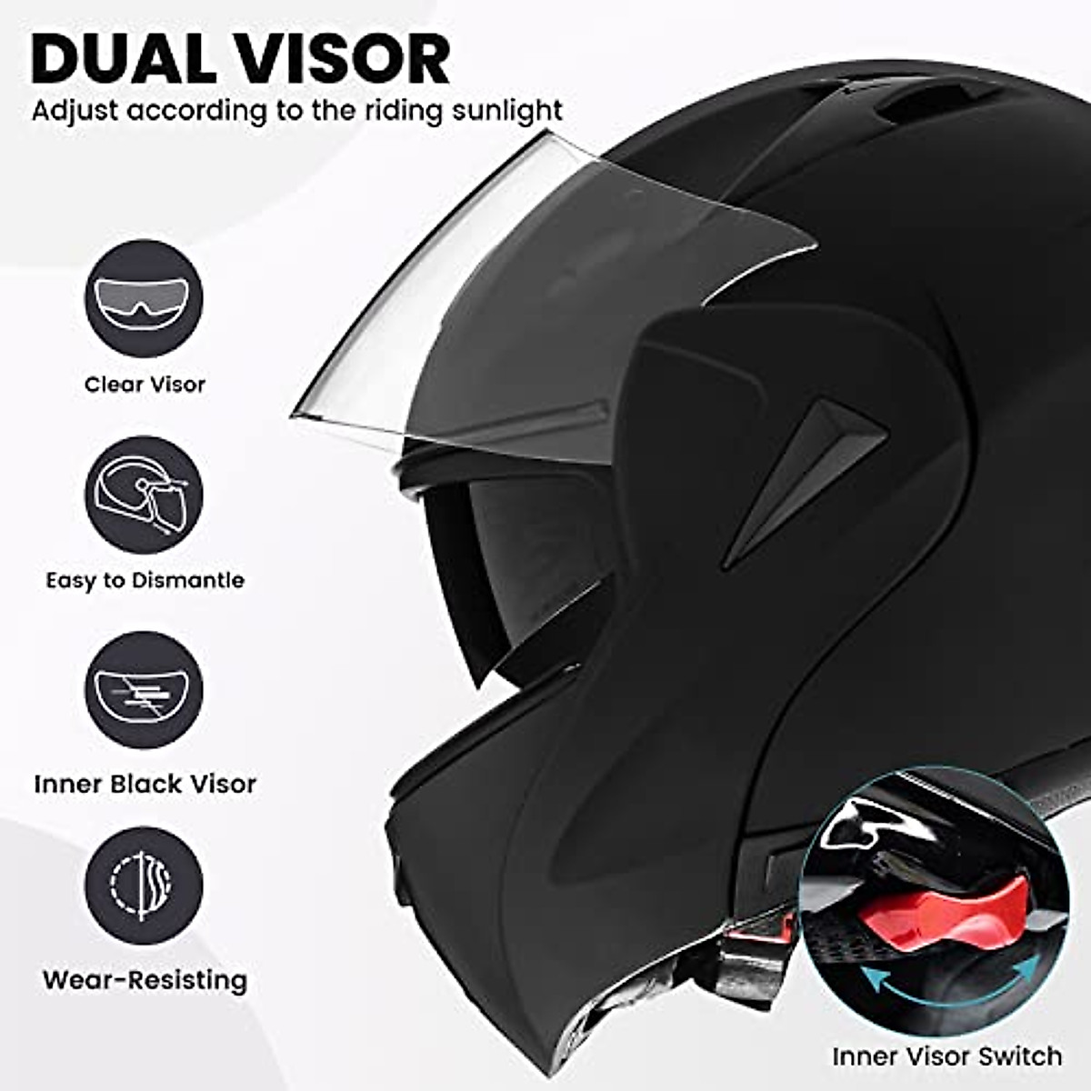 ILM Motorcycle Helmets Modular Dual Visor Flip-up Full Face Street Racing Helmet DOT 5 Colors Model 808 (S, Matte Black)