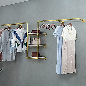 CIVANA Industrial Pipe Clothing Rack Wall Mounted Garment Hanging Bar Retail Display Rack with 3 Tiers Wood Vintage Multi-Purpose Clothes Storage Hanger(Glod, 110'' L)