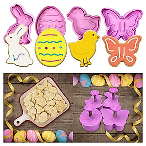 Mini 3D Easter Cookie Cutters Set, Easter Fondant Biscuit Pastry Cookie Cutter Stamp, Spring Spring-Loaded Handle Cutter Shape with Easter Eggs, Bunny, Chick, Butterfly (4 PCS)