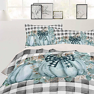 Lsrtoss Green Pumpkins Fall Thanksgiving Queen Duvet Cover Set for All Season, Black Plaid Watercolor Microfiber 3 Piece Bedding Set with 2 Pillowcases & 1 Quilt Cover, 90" W x 92" L, Queen Size
