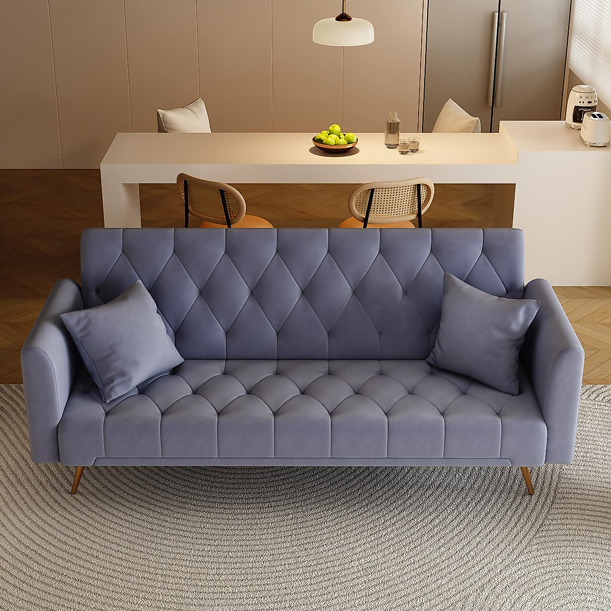 Modern Velvet Sofa Bed Futon with 2 Pillows,2-in 1 Convertible Sleeper Couch Bed,Folding Recliner Loveseat with Golden Metal Legs for Living Room Apartment Office (Dark Grey)