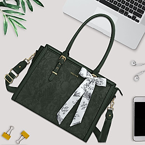 MOSISO Laptop Tote Bag for Women, 15.6-16 inch PU Leather Compatible with MacBook, HP, Dell, Asus Notebook, Front Embossed Retro Hibiscus Computer Bag with Silk Scarf & Clutch Purse, Emerald Green