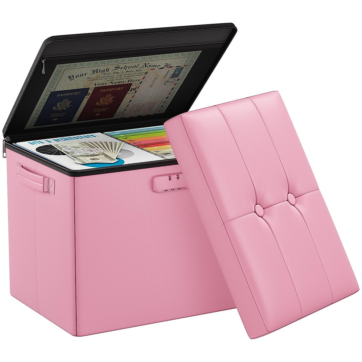 DocSafe Storage Ottoman with Lock,Fireproof Folding Ottoman Foot Rest Stool Storage Chest with Storage Safe for Important Documents,Waterproof 17 Inches Short Ottoman Foot Stool with Handles,Pink