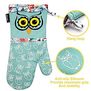 Alselo Oven Mitts, Heat Resistant with Soft Quilted Cotton Lining Set of 2, Fashion Animal Design with Silicone Printing Anti-Slip Kitchen Gloves for Safe Backing Cooking Barbecue (Green 2)