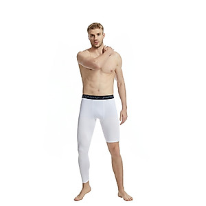 Men's Basketball Single Leg Tight Sports Pants 1/2 One Leg Compression Pants Athletic Base Layer Underwear (Small,White-1)