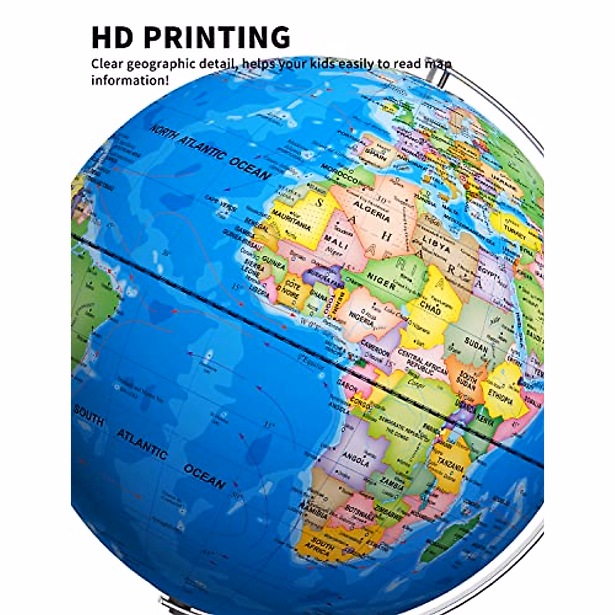 Waldauge 13" World Globe with Stand, Illuminated Educational Globes with HD Printed Map for Kids Classroom Learning, LED Globe Lamp with Stable Heavy Metal Base