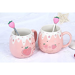 XinHuiGY Pink Mug,Cute Strawberry Cup with Cover Spoon,Ceramic Coffee Mug, Kawaii Cup for Tea Milk,Women Girls Student Korean Style 450ML Christmas Birthday Gift