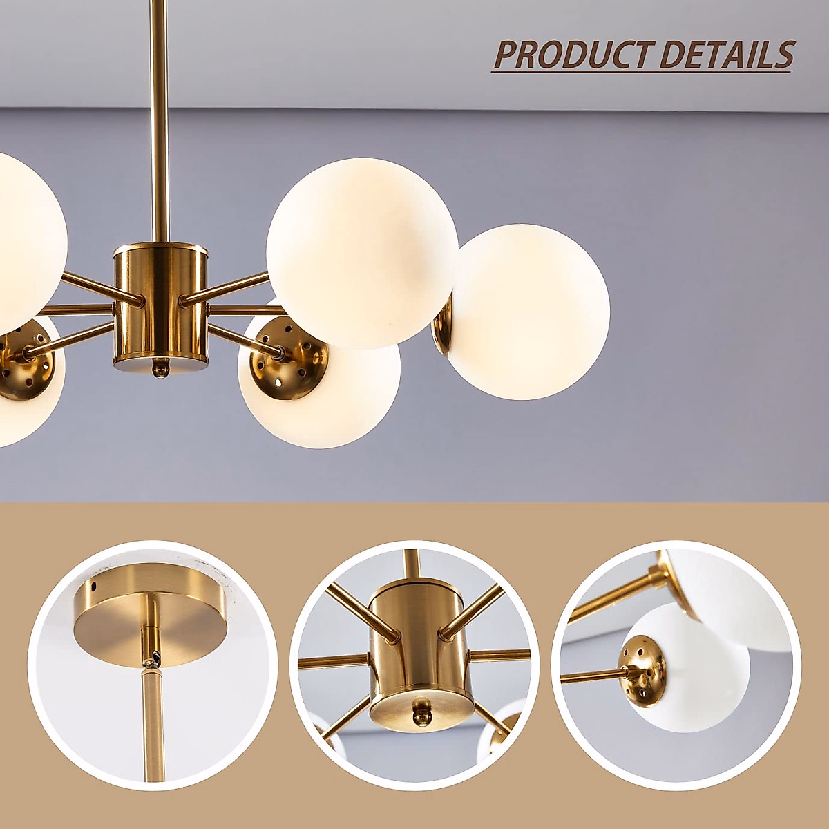 KCO Lighting 6-Light Globe Sputnik Chandelier Milk Glass Modern Gold Chandelier Light Fixture Mid Century Sputnik Chandeliers Pendant Lighting Brushed Brass Chandelier (Gold+White)